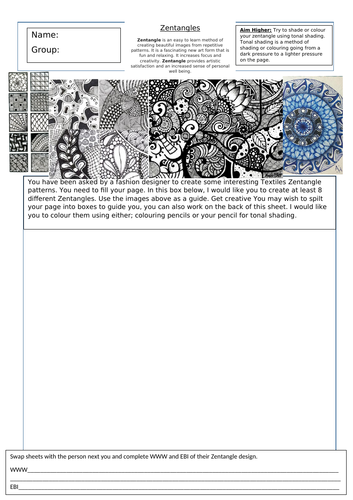 KS3 Textiles Cover Work, Zentangles. Worksheet, Drawing | Teaching ...