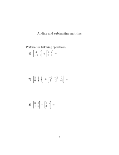 Adding and subtracting matrices worksheet (with solutions) | Teaching Resources