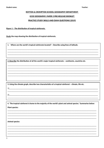 2019 - AQA Geography Pre-release practice exam paper (tropical ...