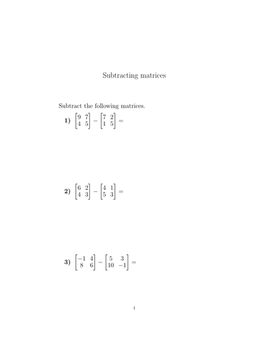 Subtracting matrices worksheet (with solutions) | Teaching Resources