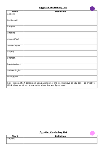Ancient Egypt Vocabulary Worksheet KS2 | Teaching Resources