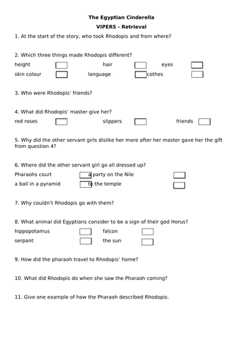 The Egyptian Cinderella VIPERS questions KS2 | Teaching Resources
