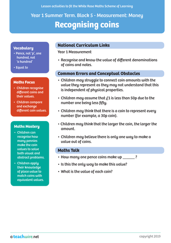 Y1 Summer Term – Block 5: Measurement: Money – Recognising Coins ...