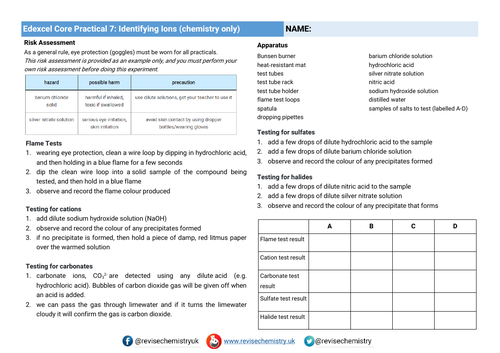 Edexcel Chemistry: Identifying Ions (chemistry only) (Core Practical 7) | Teaching Resources