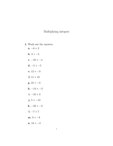 Multiplying Integers Worksheet (with Solutions) | Teaching Resources