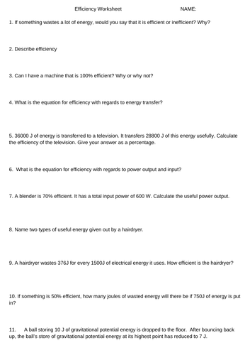 Efficiency Worksheet - KS4 Physics AQA | Teaching Resources