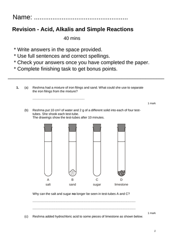 KS3 Science - Acid, Alkali and Simple Reactions Revision/Test ...