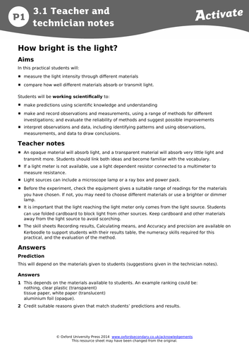 P1.3 Light- Activate scheme of work | Teaching Resources