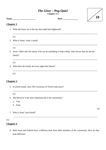 The Giver Chapter 1-3 Pop Quiz | Teaching Resources