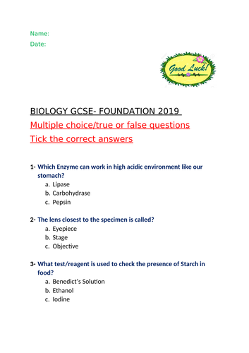 Revision GCSE Biology Foundation - Edexcel | Teaching Resources