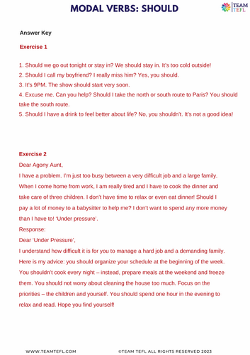 Modal Verb Should ESL A2 Lesson Plan | Teaching Resources
