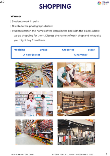 Shopping ESL Lesson Plan Worksheet A2 | Teaching Resources