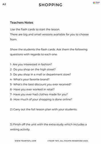 Shopping ESL Lesson Plan Worksheet A2 | Teaching Resources