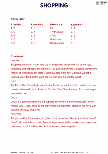 Shopping ESL Lesson Plan Worksheet A2 | Teaching Resources