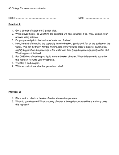 IAS / IAL Edexcel Biology Unit 1 Topic 1: The Importance of Water ...