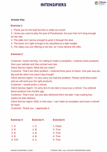 Intensifiers Too Enough ESL Lesson Plan Worksheet B1 | Teaching Resources