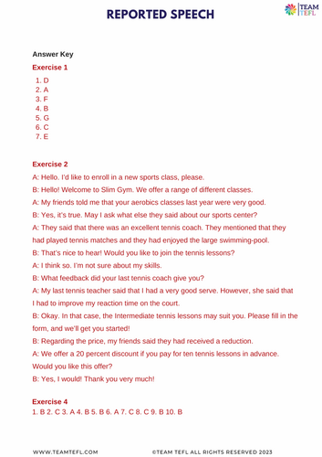 Reported Speech ESL Lesson Plan Worksheet B1 | Teaching Resources