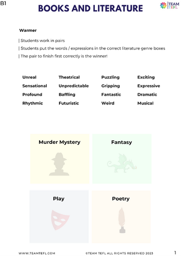 Books and Literature ESL Lesson Plan Worksheet B1 | Teaching Resources