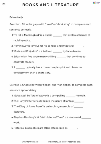 Books and Literature ESL Lesson Plan Worksheet B1 | Teaching Resources