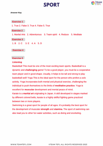 Sport ESL Lesson Plan Worksheet B1 | Teaching Resources