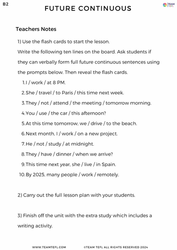 Future Continuous ESL TEFL Lesson Plan Worksheet B2 | Teaching Resources