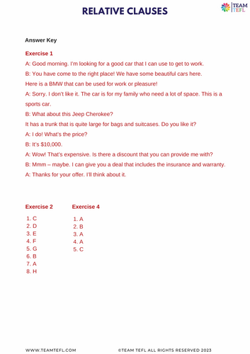 Relative Clauses ESL TEFL Lesson Plan Worksheet B2 | Teaching Resources