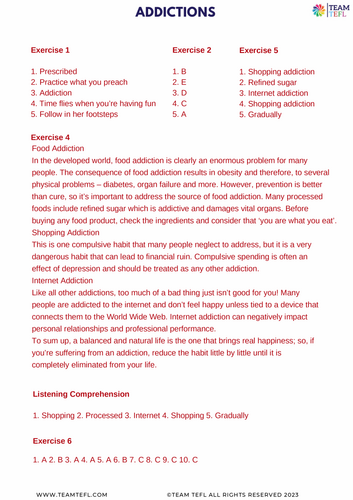 Addictions ESL TEFL Lesson Plan Worksheet B2 Upper Intermediate ...