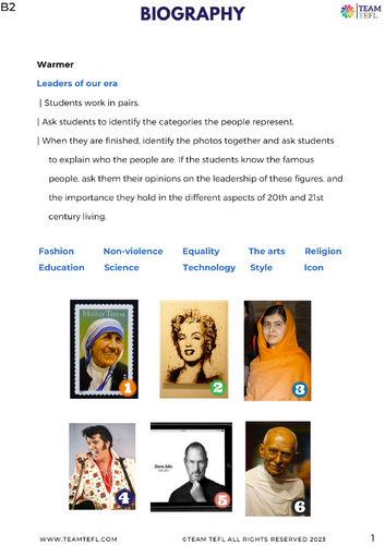 Biography ESL TEFL Lesson Plan Worksheet B2 Upper Intermediate ...