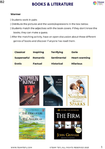 Books and Literature ESL TEFL Lesson Plan B2 | Teaching Resources