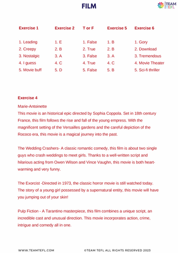 Film ESL TEFL Lesson Plan Worksheet B2 Upper Intermediate | Teaching ...