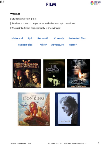 Film ESL TEFL Lesson Plan Worksheet B2 Upper Intermediate | Teaching ...