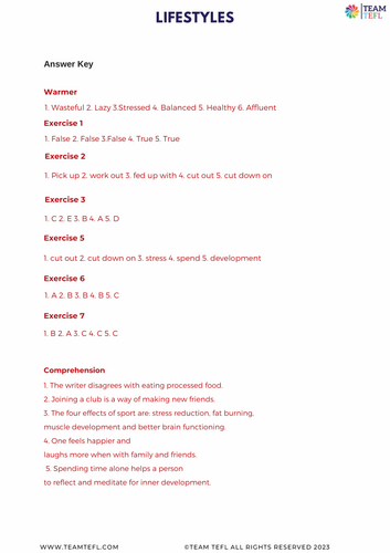 Lifestyle ESL TEFL Lesson Plan Worksheet B2 Upper Intermediate ...
