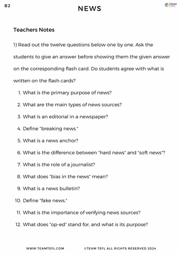 News ESL TEFL Lesson Plan Worksheet B2 Upper Intermediate | Teaching ...