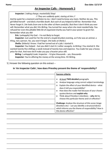 An Inspector Calls - Homework sheets | Teaching Resources