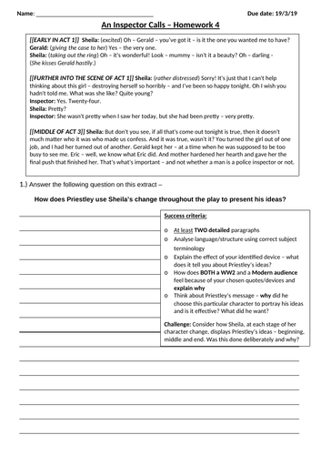 An Inspector Calls - Homework sheets | Teaching Resources
