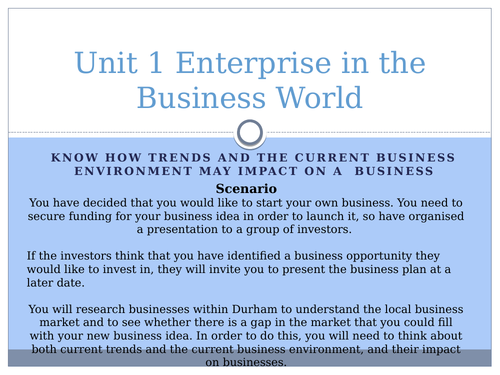 BTEC First Award in Business Unit 1 Enterprise in the Business World ...