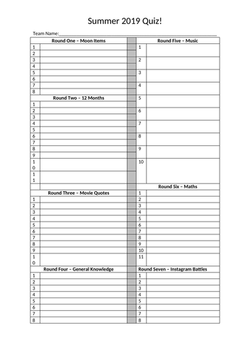 2019 End of Term Summer Quiz | Teaching Resources
