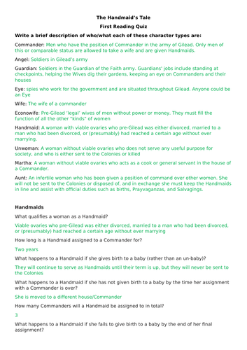 The Handmaid's Tale First Reading Quiz (with teacher sheet/answers ...