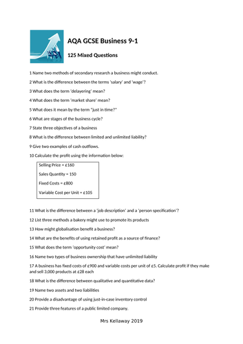 AQA GCSE Business revision - 125 mixed questions and answers covering ...