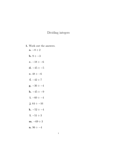 Dividing integers worksheet (with solutions) | Teaching Resources