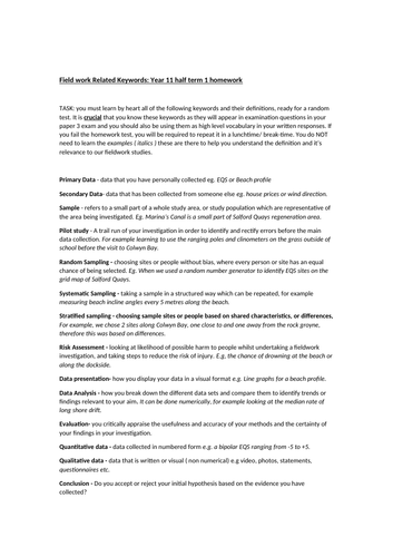 FREE fieldwork keywords glossary for paper 3 GCSE AQA Geography ...