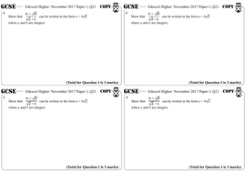 Rationalising Denominators - Higher GCSE Questions | Teaching Resources