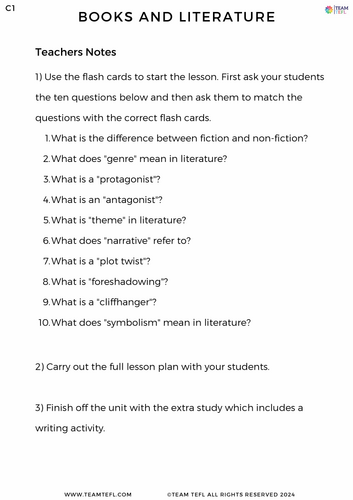Books and Literature ESL TEFL Lesson Plan Work Sheet C1 Advanced ...