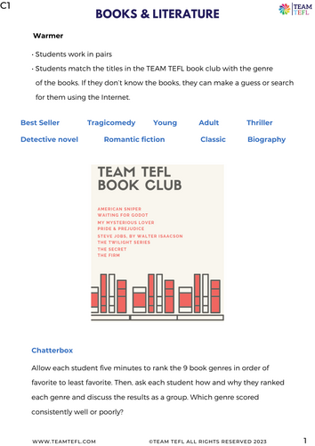 Books and Literature ESL TEFL Lesson Plan Work Sheet C1 Advanced ...