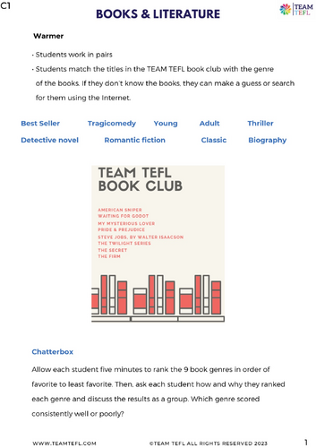 Books and Literature ESL TEFL Lesson Plan Work Sheet C1 Advanced ...
