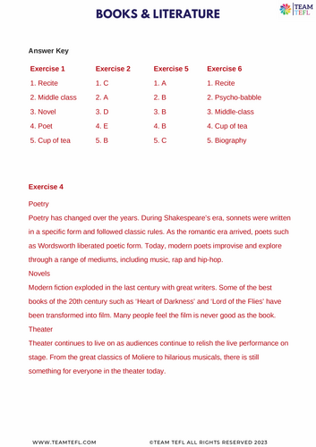 Books and Literature ESL TEFL Lesson Plan Work Sheet C1 Advanced ...