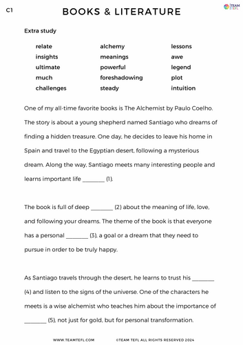 Books and Literature ESL TEFL Lesson Plan Work Sheet C1 Advanced ...