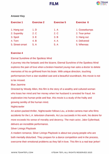 Film ESL TEFL Lesson Plan Work Sheet C1 Advanced | Teaching Resources