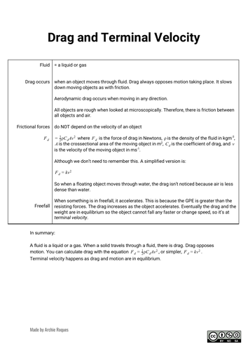 Drag and Terminal Velocity sheet for A Level physics | Teaching Resources