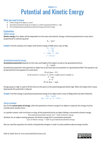 Potential and Kinetic energy sheet for A Level physics | Teaching Resources